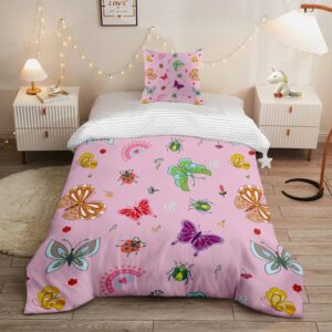 toddler pink duvet cover, 40×60 inch kids duvet cover for girls, soft comforter cover quilt cover with butterfly printed, dotted backing zipper boho duvet cover