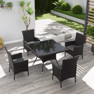 delnavik 5pcs patio outdoor dining set, wicker patio furniture set of 4 rattan chairs with soft cushions and square table with umbrella cutout, grey