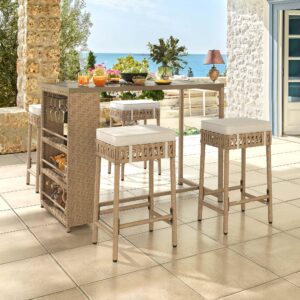 yitahome 5 piece patio bar set, outdoor high top table and chairs with wine glass holder and soft cushions, outdoor wicker furniture for backyard, garden yard, balcony, beige rattan