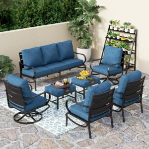 phi villa 7 pcs patio furniture set,metal outdoor furniture with 1x 3 seater cushioned deep seating bench sofa, 2 swivel sofa chair, 2 x leg sofa chairs & 2 ottoman for 7 person, peacock blue