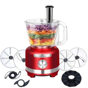 homtone 16 cup food processor, french-fry-cutter food processors, 9 functions 7 blades for shredding, slicing, doughing, emulsfying and meat vegetable chopping for home use, 3 speeds, 600w, red