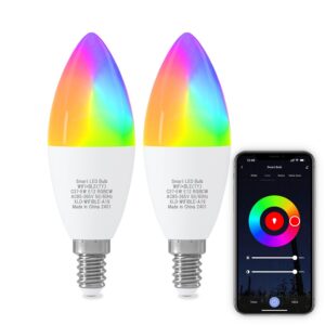 oraluce smart light bulb work with alexa & google home, c37 e12 led light bulb 40w equivalent, 2.4ghz wifi & bluetooth color changing app dimmable, multicolor led bulb 450 lumens,2p