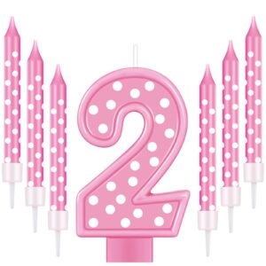 birthday candle number girls 3 inch hot pink candle and 6 pcs polka dot birthday candles 3.8 inch first party cake birthday decorations for girl (number 2)