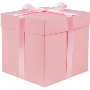 jaywayang medium pink gift box with lids, ribbon and tissue paper, collapsible, for birthday, wedding, anniversaries, mother's day, 8.7x8.7x8.7 inches