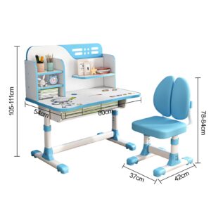 Kids Study Desk Chair Set Learning Table Height Adjustable with Writing Board, Drawers and Storage Compartments Curved Desktop Cartoon Learning Desks and Chairs for Boys and Girls （Blue/ Pink） (Blue)