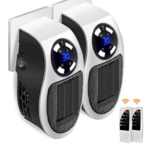 throihg top heat plug in heater for indoor use, 2pc 500w smart space electric fan heater wall outlet with adjustable thermostat and timer and led display, portable heater