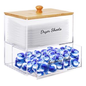 jyps acrylic dryer sheet holder with drawer and bamboo lid, clear laundry room organization and storage，dryer sheet laundry pods containter box for laundry room decor