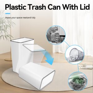 HERCHR Plastic Trash Can with Lid, Thin Trash Cans Bathroom Garbage Can Small Trash Can with Lid Slim Trash Bin Waste Basket for Bathroom(White)