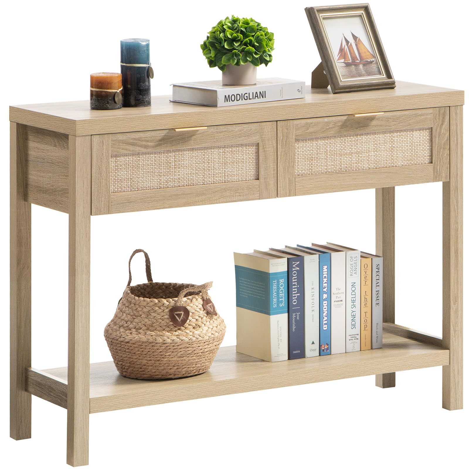 SICOTAS Rattan Console Table for Entryway - Boho Entryway Table with Storage and Drawers, Wood Small Entry Table for Hallway Behind Couch Table Sofa Table, Light Oak