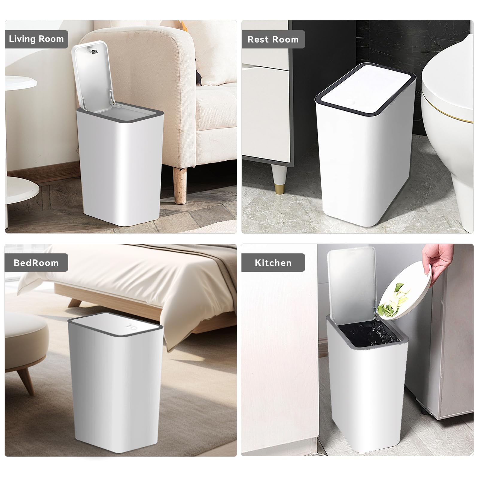 HERCHR Plastic Trash Can with Lid, Thin Trash Cans Bathroom Garbage Can Small Trash Can with Lid Slim Trash Bin Waste Basket for Bathroom(White)