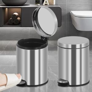 blkmty trash can bathroom trash bin with lid waste bin 6 l/1.6 gallon stainless steel garbage can round portable garbage bin for bathroom office bedroom rubbish bin step-open, silver (2 pack)