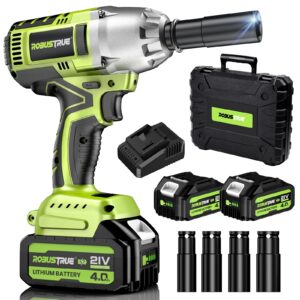 robustrue cordless impact wrench, 590ft-lbs (800n.m) brushless 1/2 inch impact wrench, 2500rpm max torque impact gun, 2x 4.0ah battery, charger, 4 sockets, electric impact wrench for car truck rv