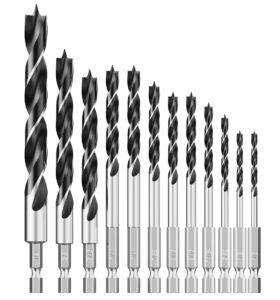 brad point wood drill bit set, 12pcs hex shank drill bit set with double flutes design for carpenter woodworking and all types of wood (1/8" - 1/2")