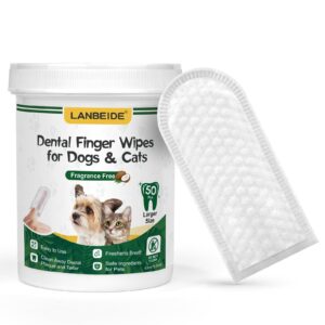 lanbeide updated larger pet teeth cleaning wipes for dogs & cats, dog dental wipes no-rinse dog finger toothbrush for reducing plaque & tartar, breath freshener dental and gum care pet wipes 50 counts