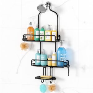 hamitor hanging shower caddy over head : adjustable large shower organizer with soap holder - rustproof bathroom shelf shampoo storage rack - 4 movable hooks for razor loofah black