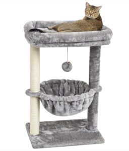 syandlvy small cat tree for indoor cats, activity cat tower with scratching post for kittens, cat bed & furniture with basket & hanging ball for play rest