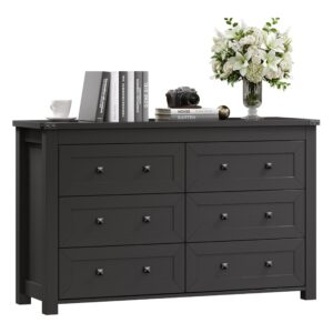 boonatu black dresser for bedroom with 6 drawers, wood dressers chest of drawers with metal handles, modern bedroom dresser with drawers for closet hallway, living room, black