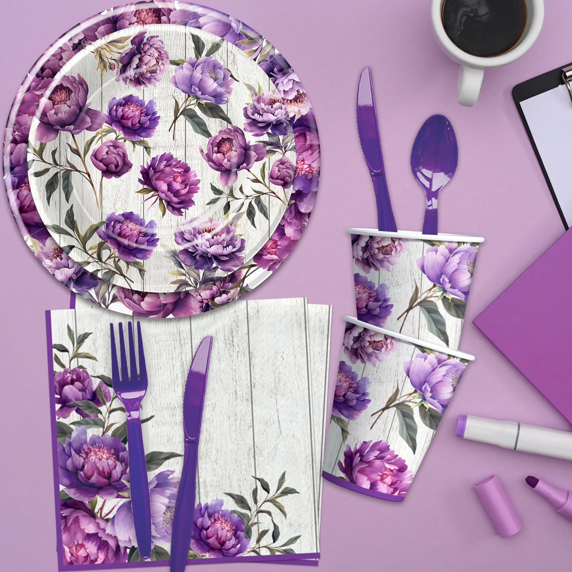 HIPVVILD Peony Party Decorations Dinnerware, Purple Peony Floral Party Supplies, Plate, Cup, Napkin, Cutlery, Tablecloth, Peony Flower Party Tableware For Birthday Bridal Baby Shower Wedding, Serve 24