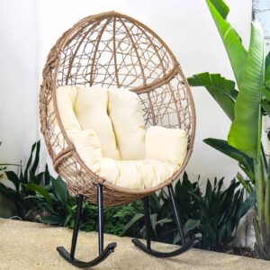 zbluxbz outdoor rocking egg chair, oversized patio egg lounge chairs with 6 inch thick cushion, all-weather wicker basket chair for indoor, outside (beige)