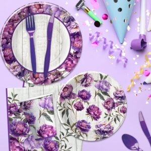 HIPVVILD Peony Party Decorations Dinnerware, Purple Peony Floral Party Supplies, Plate, Cup, Napkin, Cutlery, Tablecloth, Peony Flower Party Tableware For Birthday Bridal Baby Shower Wedding, Serve 24