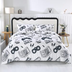 sdiii 3pcs white gamer comforter set full for boys girls teens and kids, microfiber full size comforter for boys, gaming boys comforter set full size