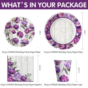 HIPVVILD Peony Party Decorations Dinnerware, Purple Peony Floral Party Supplies, Plate, Cup, Napkin, Cutlery, Tablecloth, Peony Flower Party Tableware For Birthday Bridal Baby Shower Wedding, Serve 24