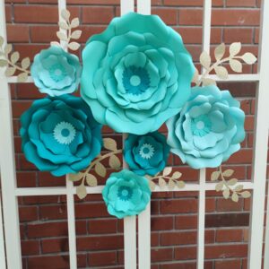 mybbshower turquoise teal paper flower with gold leaf for wall living room bed room wall decoration wedding birthday bridal baby shower party floral decor pack of 6