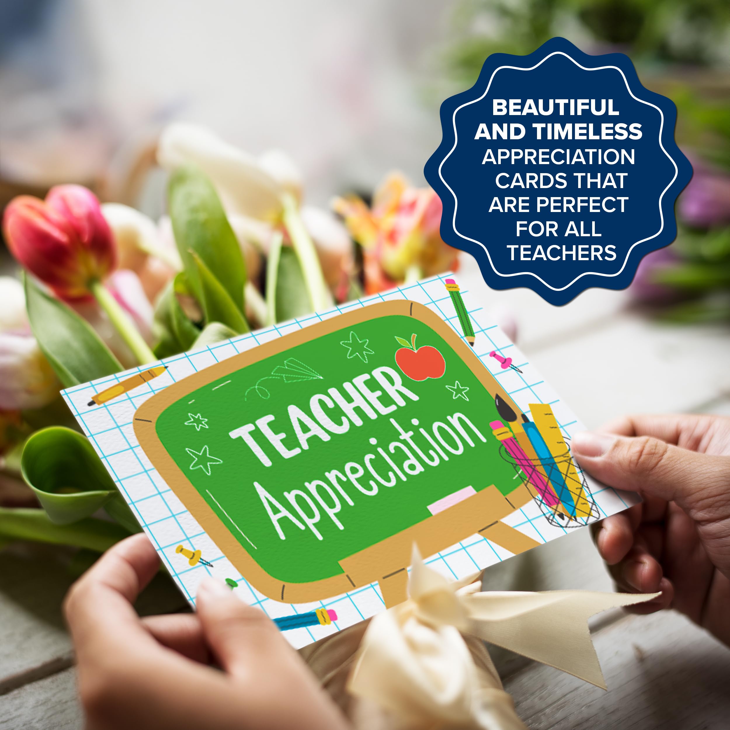 Decorably 24 Pack Teachers Appreciation Cards with Envelopes & Stickers - 24 Unique Designs with Printed Message Inside Teacher Thank You Cards for Teachers, 4x6in Teacher Appreciation Card