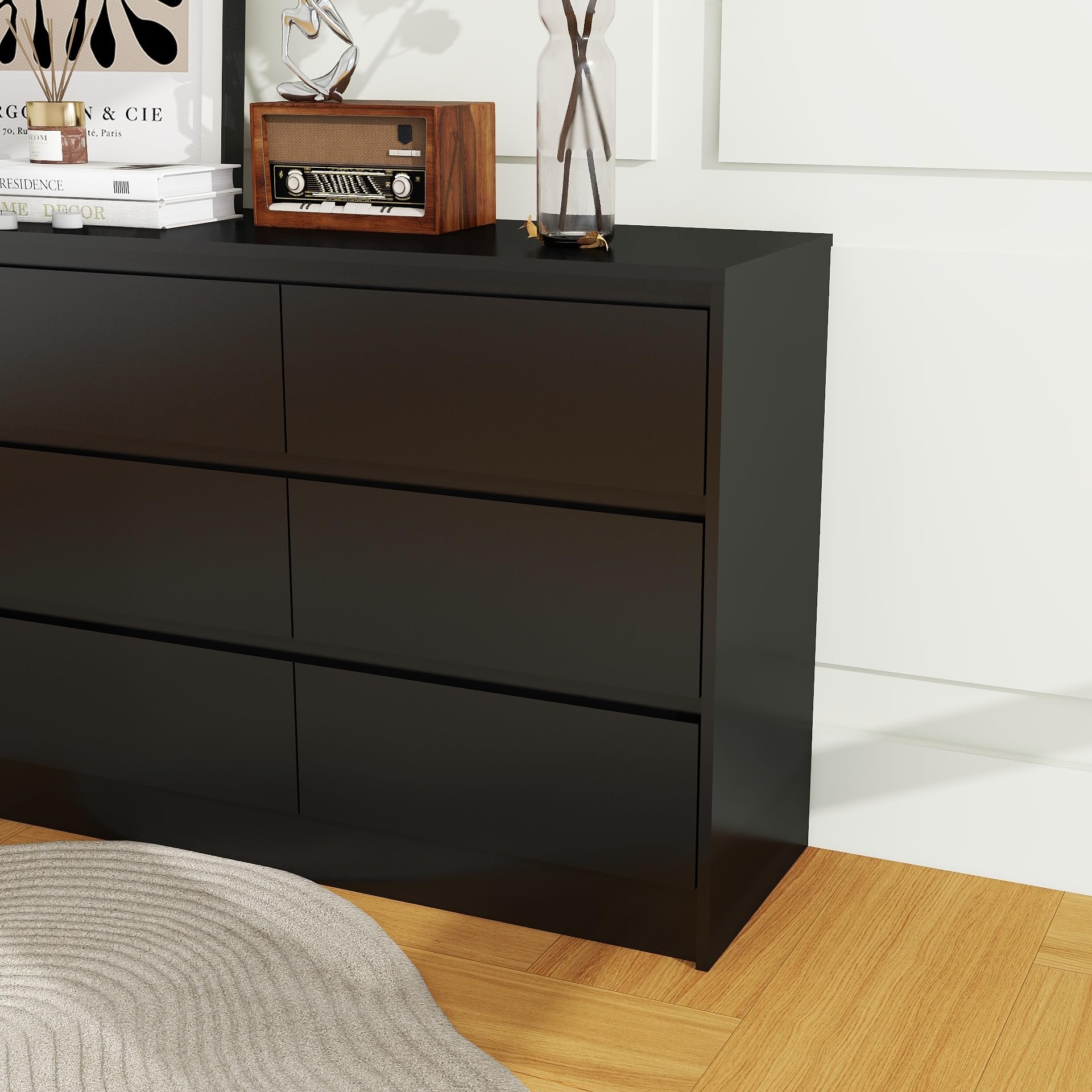 Modern 9 Drawer Wood Dresser for Bedroom, Large Floor Storage Drawer Cabinet Lateral Chest of Drawers Handle Free Organizer for Closet Living Room (Black, 9 Drawer)