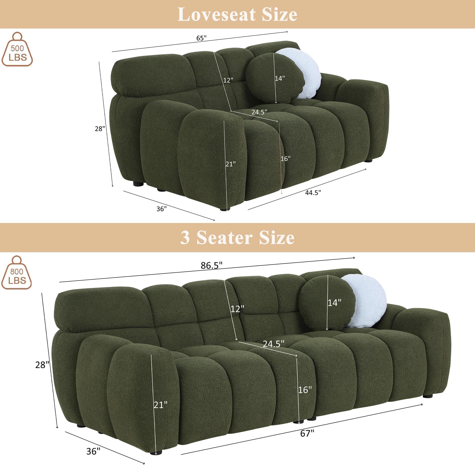 Tmsan 2 Piece Cloud Sofa Couch Set for Living Room, 65" Loveseat & 86.5" 3 Seater Sofa with 4 Accent Pillows, Comfy Boucle Upholstered Couches for Office Apartment