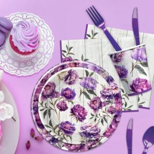 HIPVVILD Peony Party Decorations Dinnerware, Purple Peony Floral Party Supplies, Plate, Cup, Napkin, Cutlery, Tablecloth, Peony Flower Party Tableware For Birthday Bridal Baby Shower Wedding, Serve 24