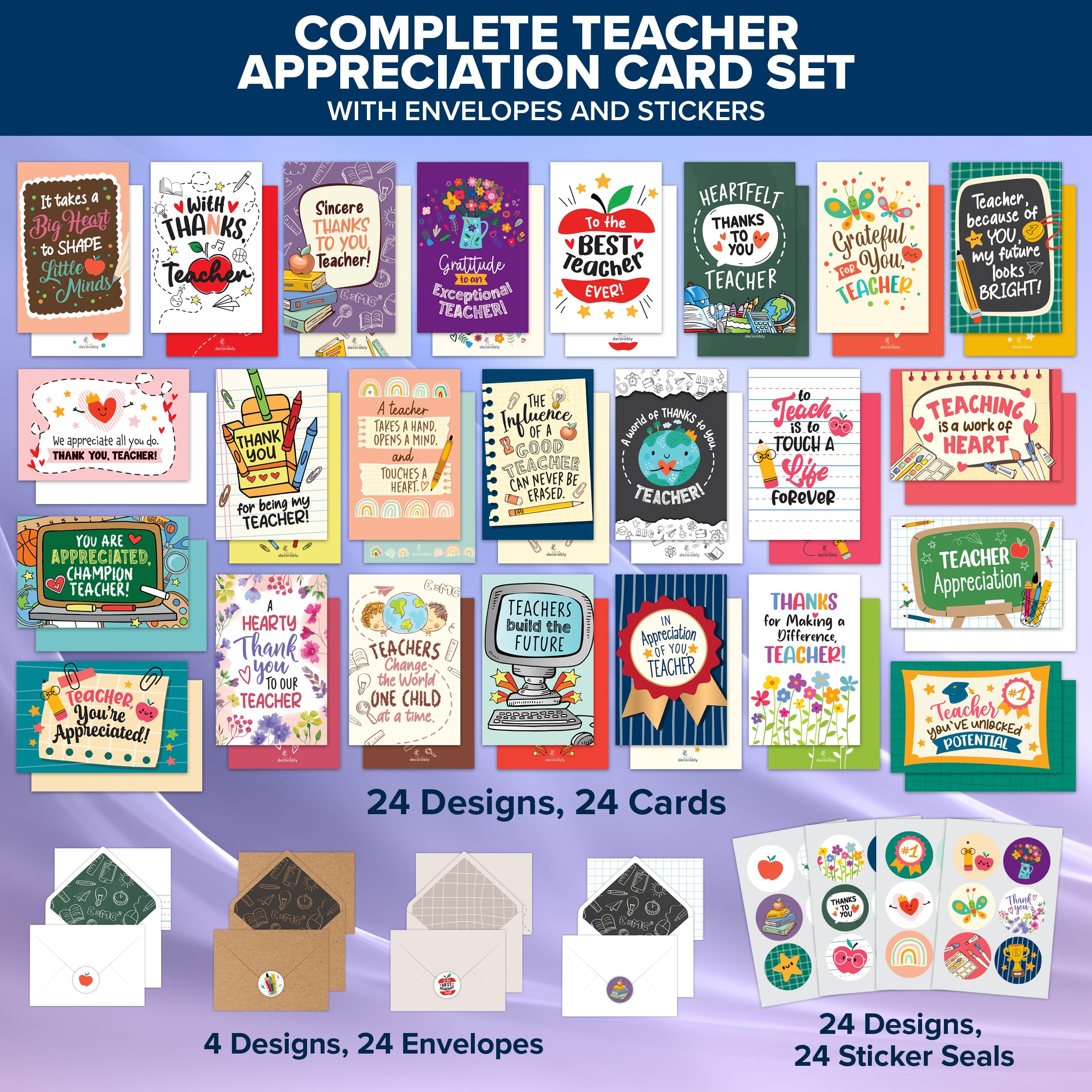 Decorably 24 Pack Teachers Appreciation Cards with Envelopes & Stickers - 24 Unique Designs with Printed Message Inside Teacher Thank You Cards for Teachers, 4x6in Teacher Appreciation Card