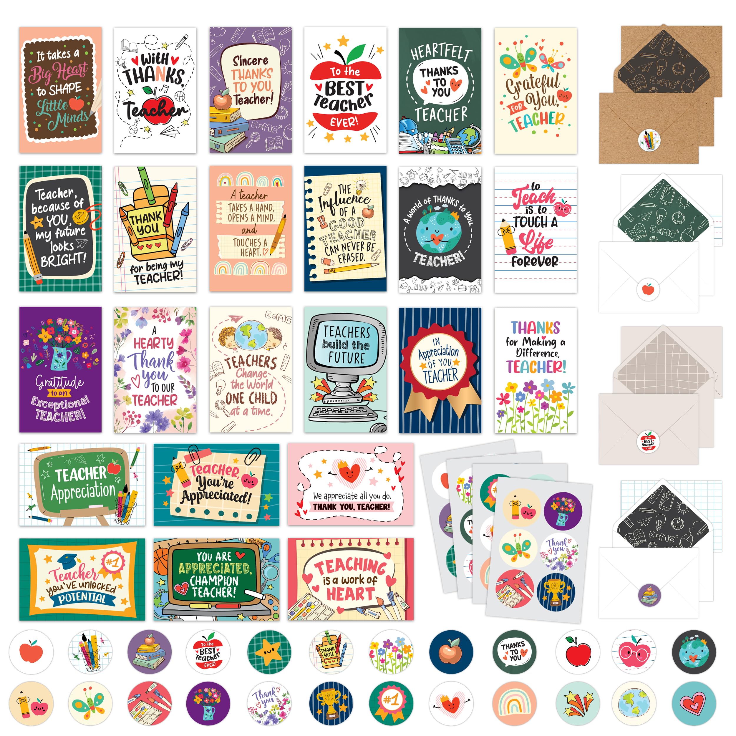 Decorably 24 Pack Teachers Appreciation Cards with Envelopes & Stickers - 24 Unique Designs with Printed Message Inside Teacher Thank You Cards for Teachers, 4x6in Teacher Appreciation Card