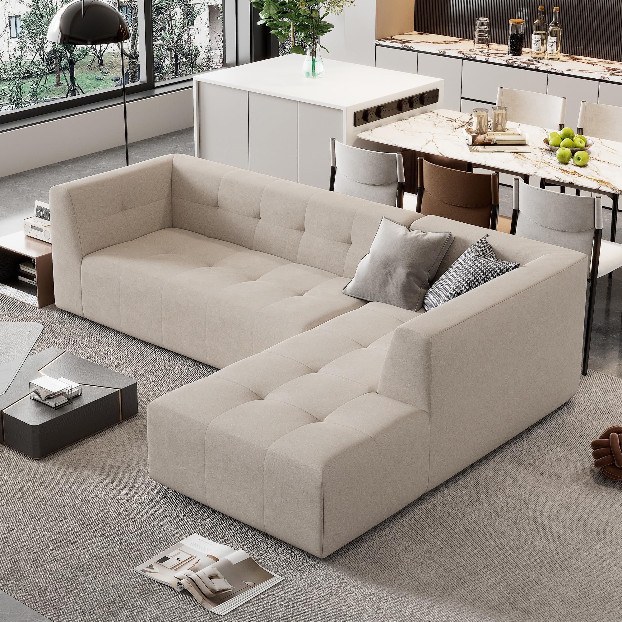 P PURLOVE L-Shape Sectional Sofa, Modern Minimalist Style Sectional Sofa Couch, Chenille Fabric Couch with Chaise Lounge for Living Room, Apartment, Office, No Installation Required (Beige)