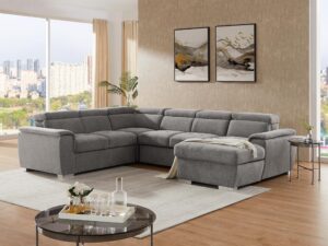 thsuper 125'' u shaped sectional sleeper sofa with pull out bed, storage chaise lounge, and adjustable headrest, oversized sectional couches for living room - belfast light grey