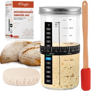 tyniaide 35oz/1000ml sourdough starter kit – extra thermometer strips and breathable covers included in sourdough starter jar – a perfect sourdough bread starter kit for beginners to expert