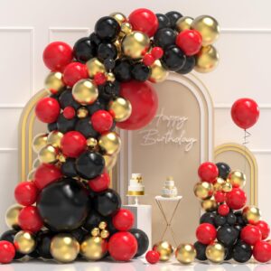 patydecro red and black balloons arch garland kit, 124pcs red and black gold balloons with 16ft tape strip & dot glue for casino theme party decorations, birthday, new year, hollywood party decoration