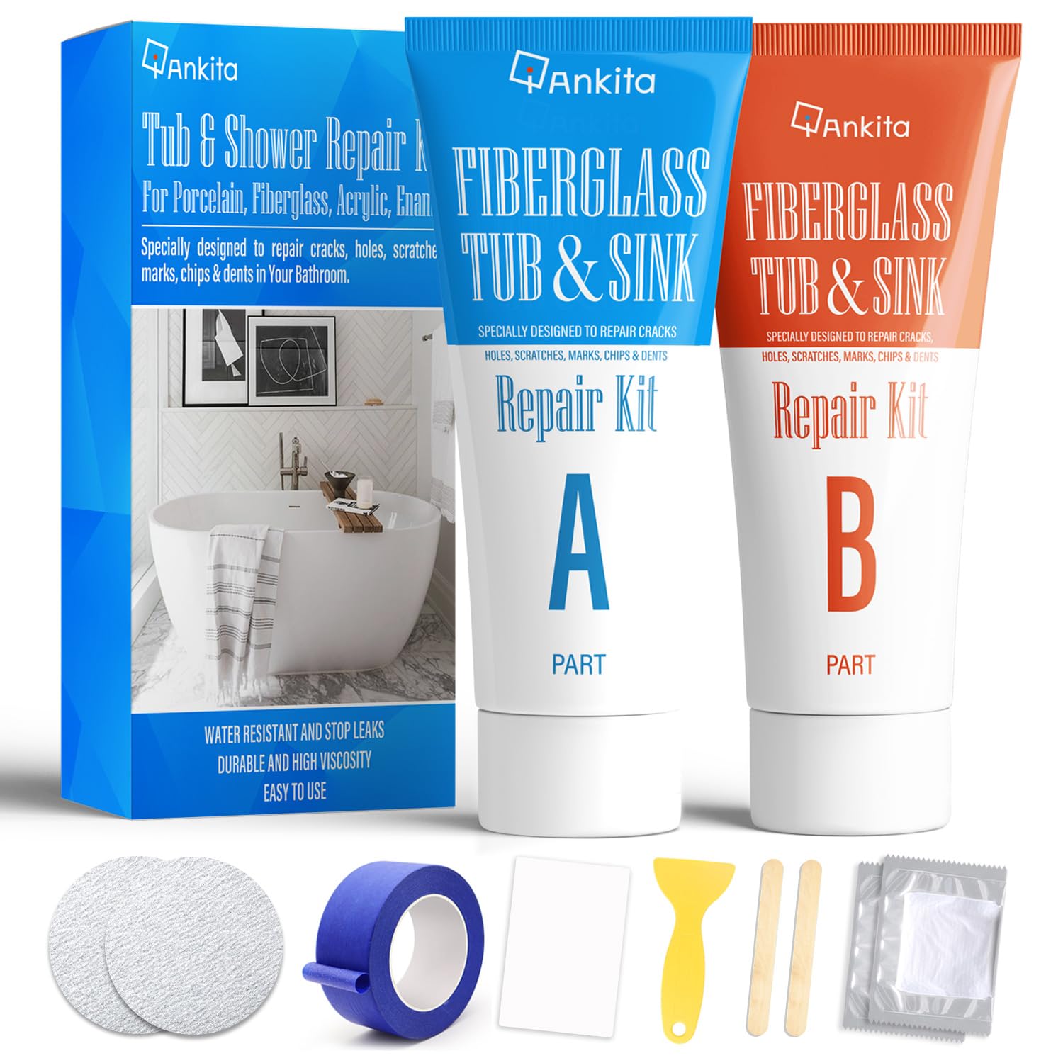 Tub Repair Kit White, Tub Chip and Bathtub Repair Kit for Enamel, Fiberglass, Acrylic, Porcelain, Patch and Repairs Chips, Cracks, Scratches, Rust, Holes on Tub, Toilet, Sink, Shower, Tray in Bathroom