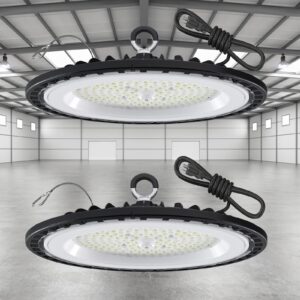 ggth 2 pack ufo led high bay light, plug & play lighting for warehouse, 5000k daylight, 200w, 6ft power cord included, 21000 lm, 120v ac, ip66 waterproof shatterproof fixture, etl listed