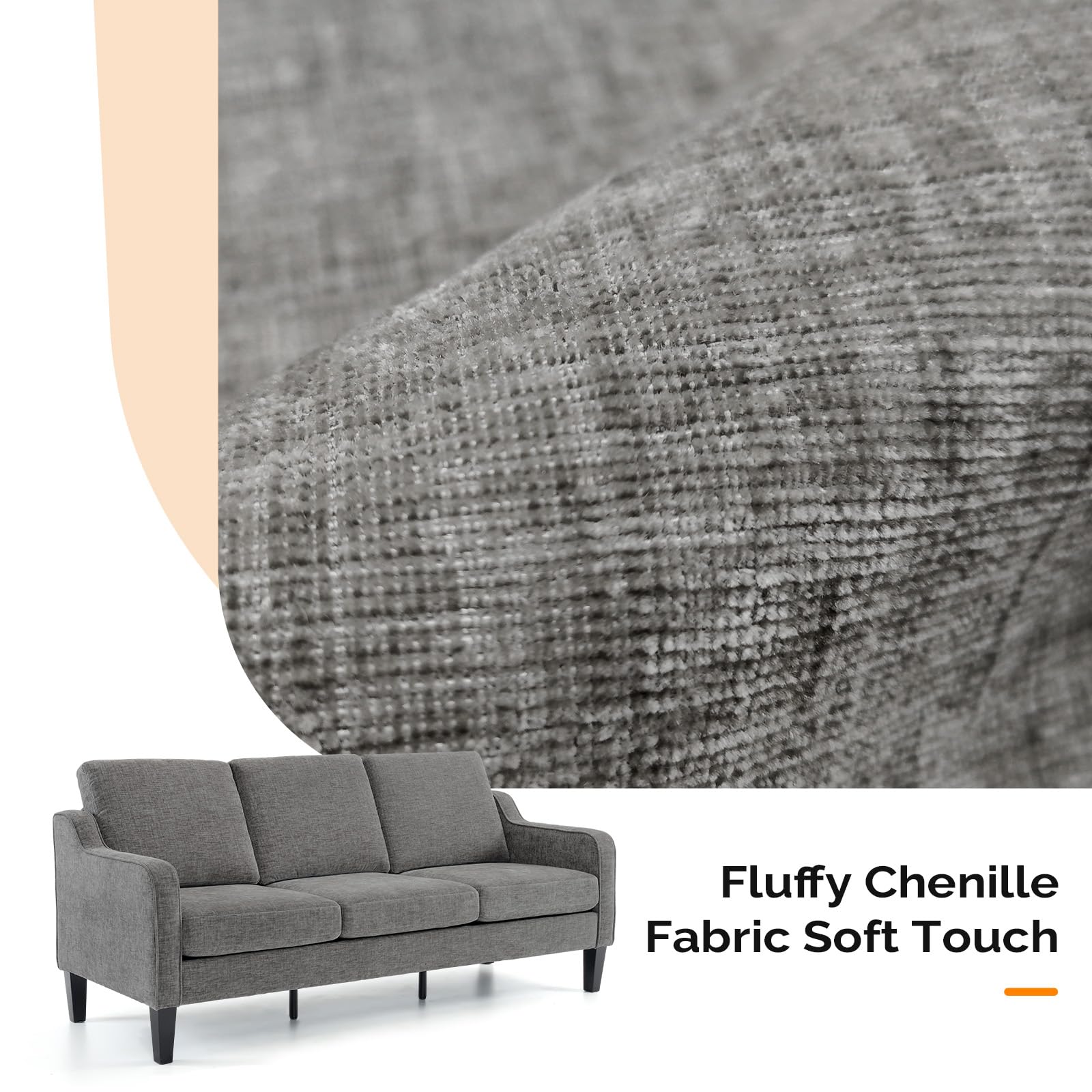 VINGLI Couches for Living Room Sofa 71" Small Couch Loveseat Sofa Mid-Century Modern Couch Grey Soft Chenille Couches Floor Sofa for Bedroom, Apartment, Lounge, Office