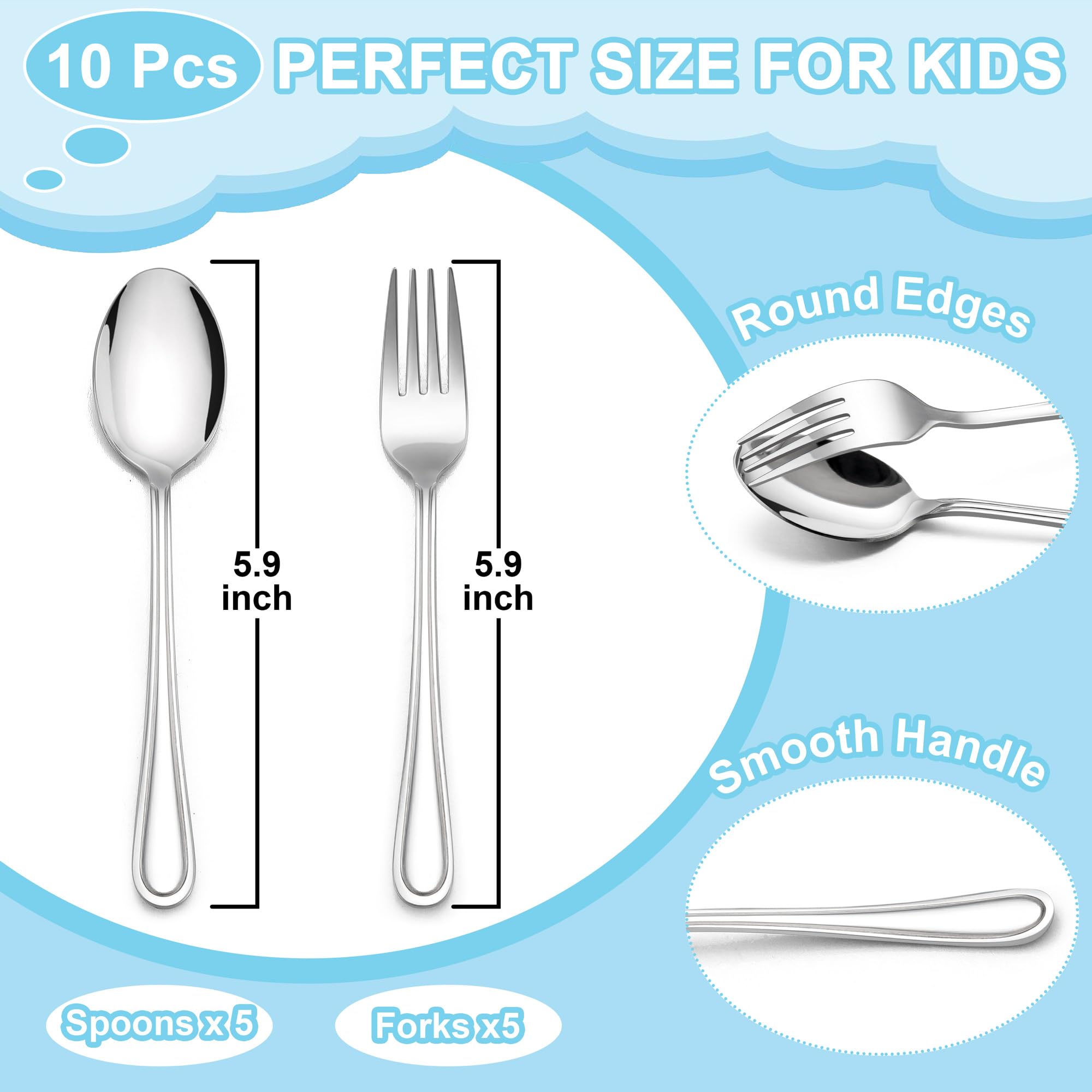 E-far 10-Piece Toddler Utensils, Kid Stainless Steel Silverware Set, Children Safe Forks and Spoons Set for Self Feeding, Healthy & Non-Toxic, Mirror Polished & Easy to Clean