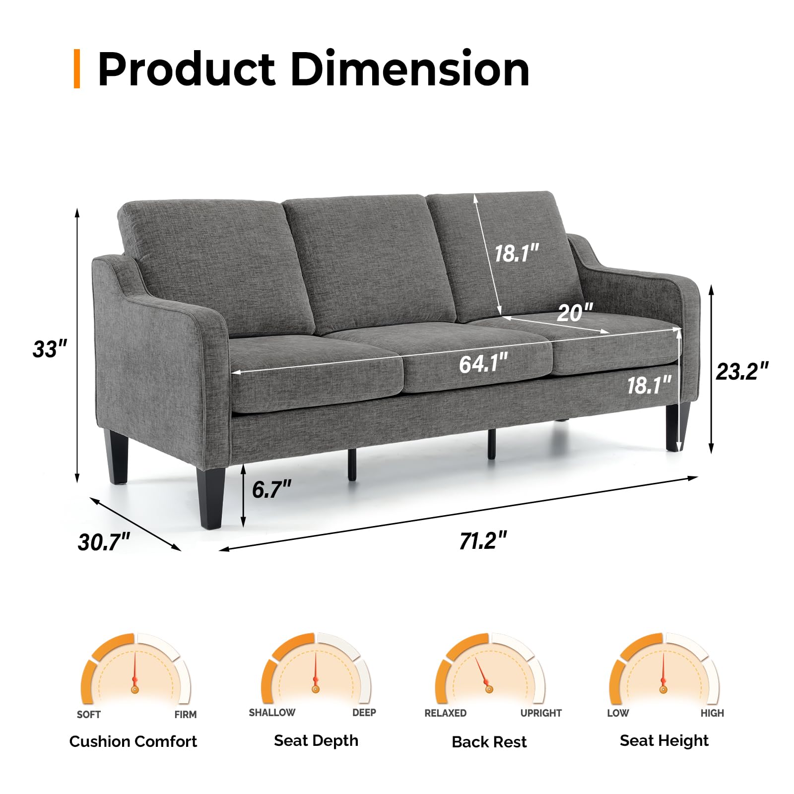 VINGLI Couches for Living Room Sofa 71" Small Couch Loveseat Sofa Mid-Century Modern Couch Grey Soft Chenille Couches Floor Sofa for Bedroom, Apartment, Lounge, Office