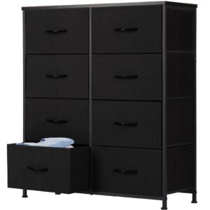 dresser for bedroom, tall storage drawers, fabric storage tower with 8 drawers, chest of drawers with fabric bins, sturdy metal frame, wood tabletop for kids room, closet, entryway, nursery, black