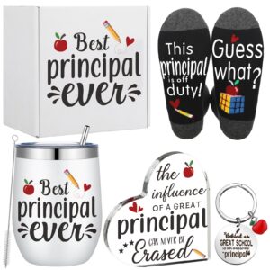 foldtier 5 pcs school principal appreciation gifts for women men 12oz principal tumbler with lid and straw principal socks stainless steel keychain acrylic heart sign gift box for principal gifts