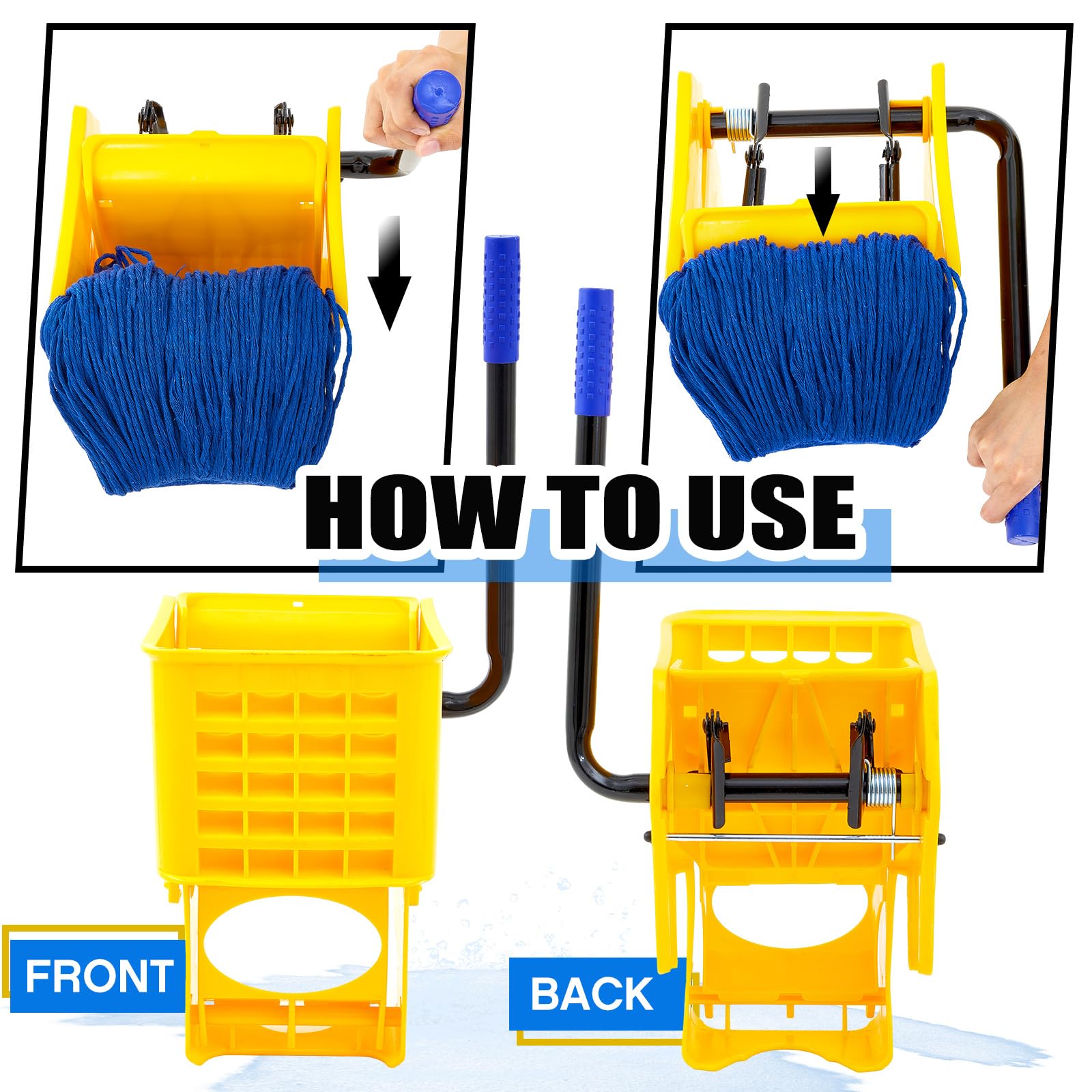 Sunnychicc Side Press Wringer Replacement for Commercial Mop Bucket 26 and 33 Qt, with 2 Pcs Mop Head Replacement, Yellow Mop Wringer with Handle for Easy Use, Blue Mop Head Refill for Cleaning Floor