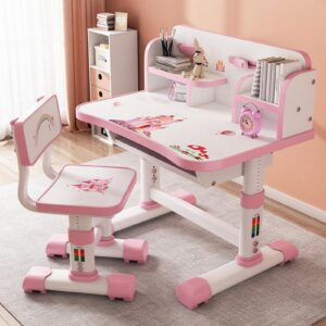 tulkdexi kids functional desk,scientific separation, children school study table chair set with cartoon pattern, ergonomic desk chair with large writing board pink, 3888047