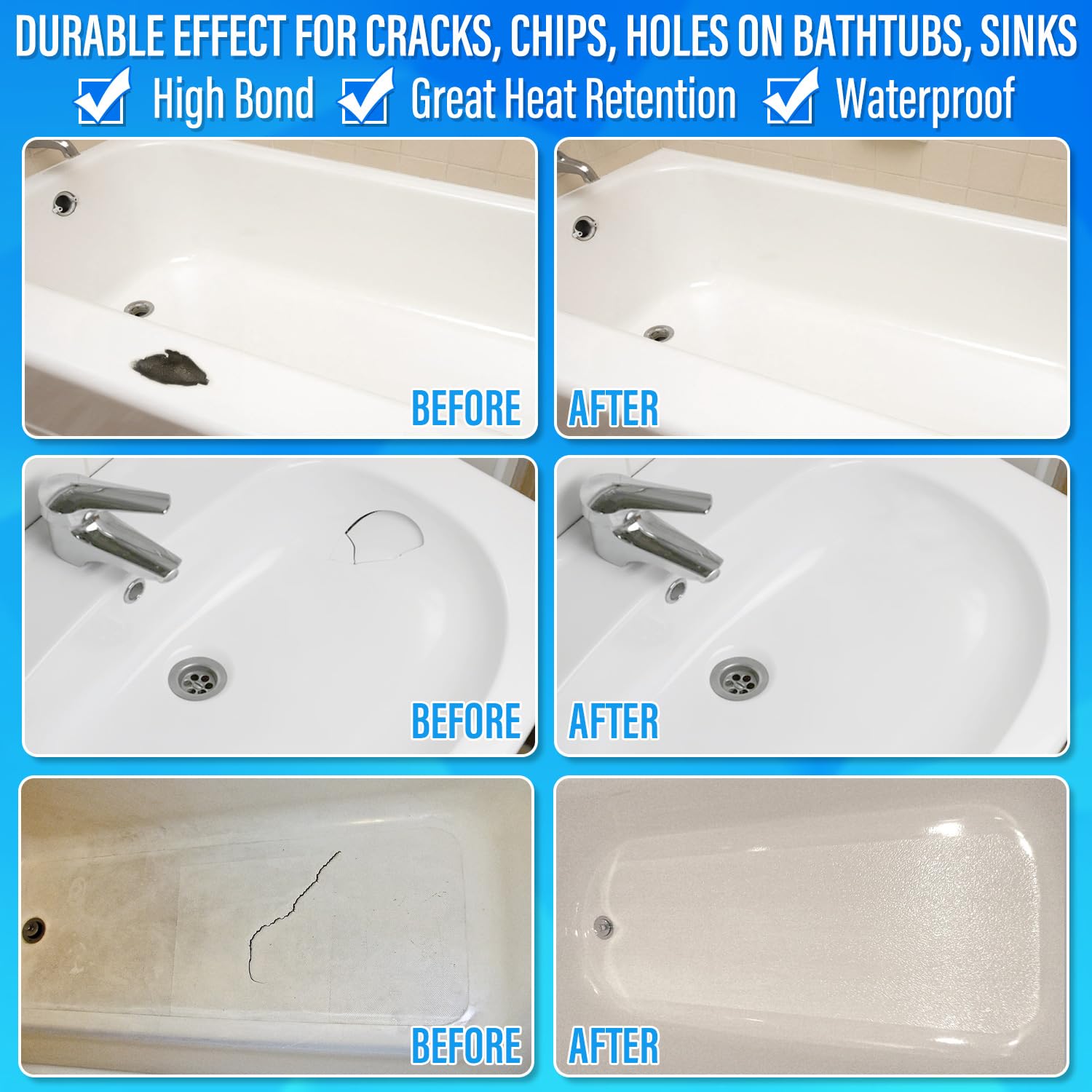 Tub Repair Kit White, Tub Chip and Bathtub Repair Kit for Enamel, Fiberglass, Acrylic, Porcelain, Patch and Repairs Chips, Cracks, Scratches, Rust, Holes on Tub, Toilet, Sink, Shower, Tray in Bathroom