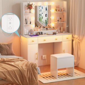 huanlego vanity desk with mirror and lights, makeup vanity with charging station & vanity stool, 3 drawers and cabinets white vanity mirror with rgb led lights vanity desk and chair for women