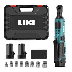 liki cordless electric ratchet wrench set, 3/8" 12v cordless ratchet kit，2 packs of lithium-ion batteries and chargers, 8 sockets