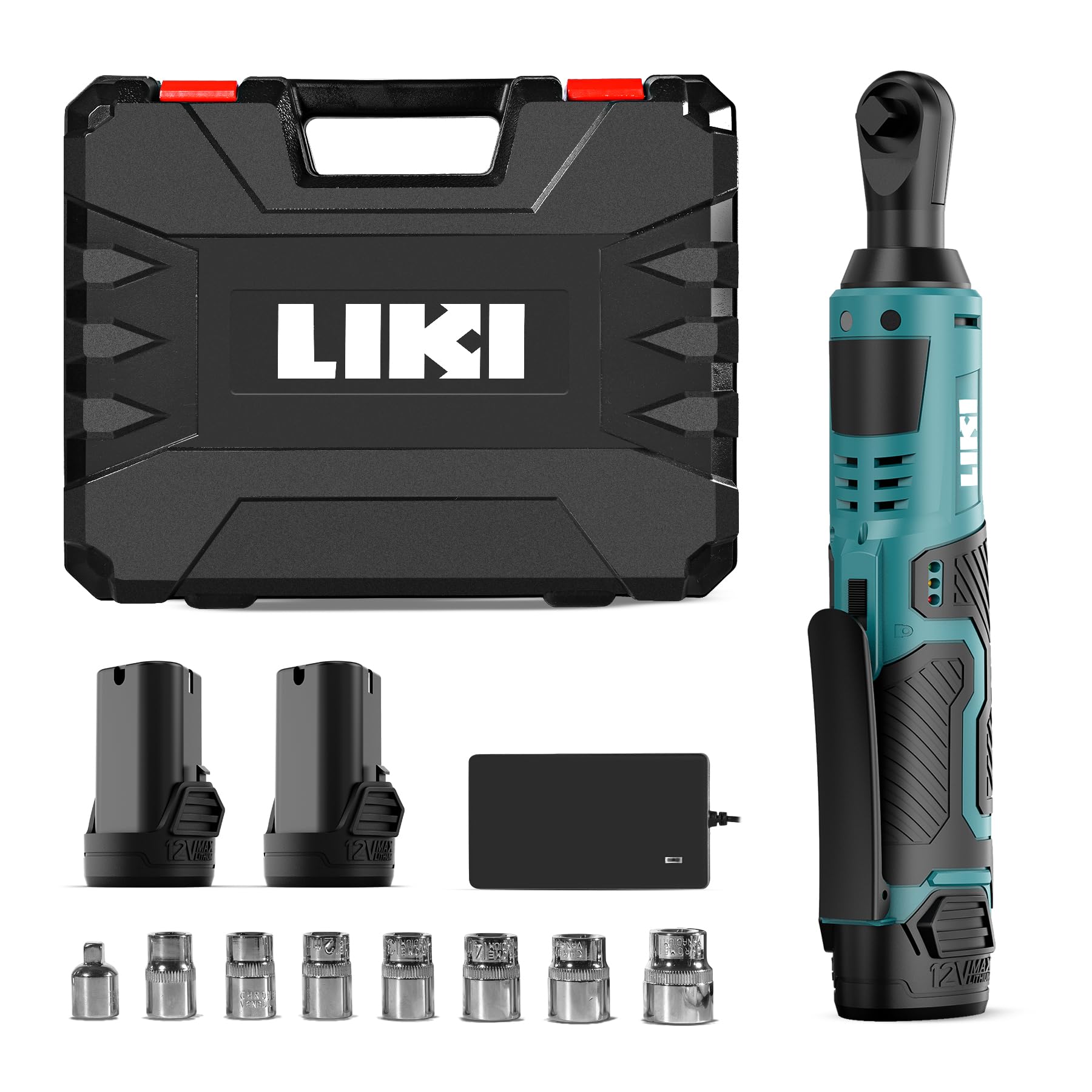 LIKI Cordless Electric Ratchet Wrench Set, 3/8" 12V Cordless Ratchet Kit，2 Packs of Lithium-ion Batteries and Chargers, 8 Sockets